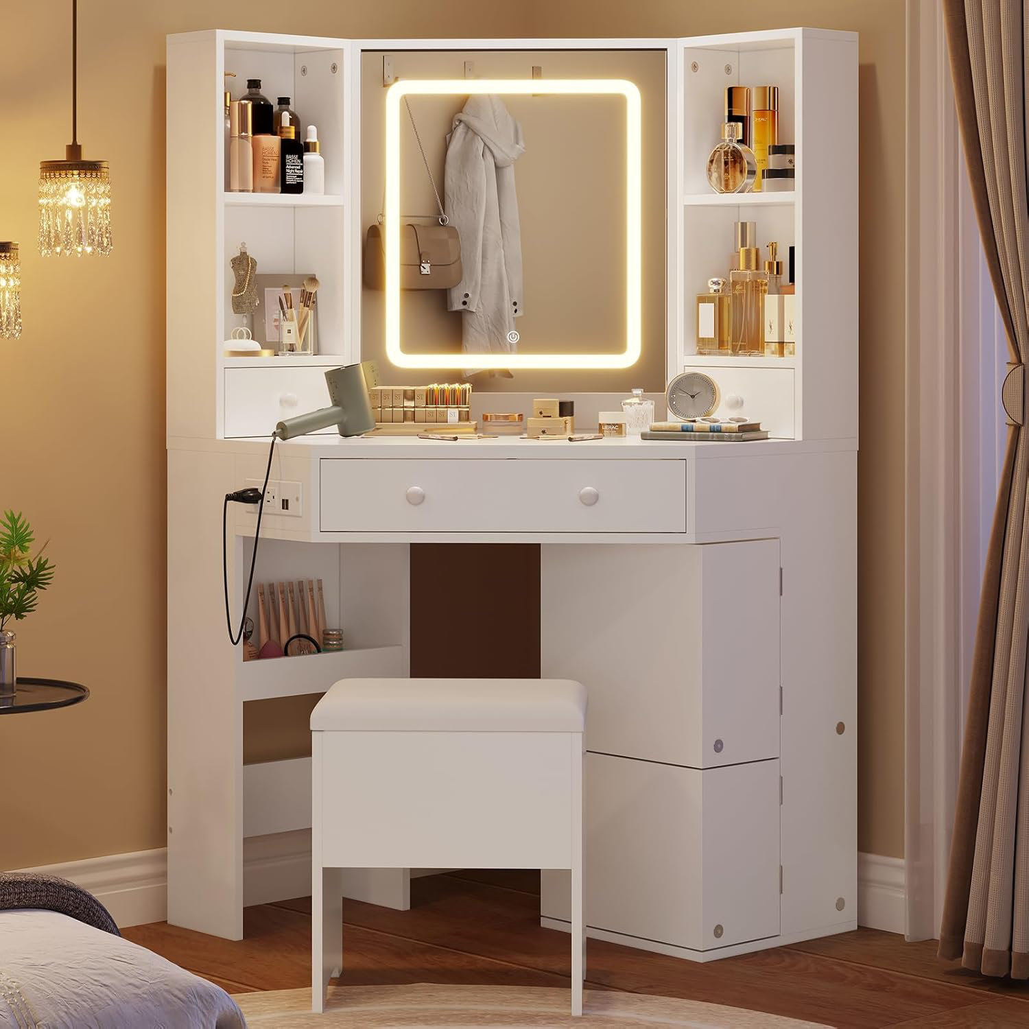 Wrought Studio™ Vanity Desk with Mirror Lights, Storage Bench & Power Outlet, Corner Vanities ...